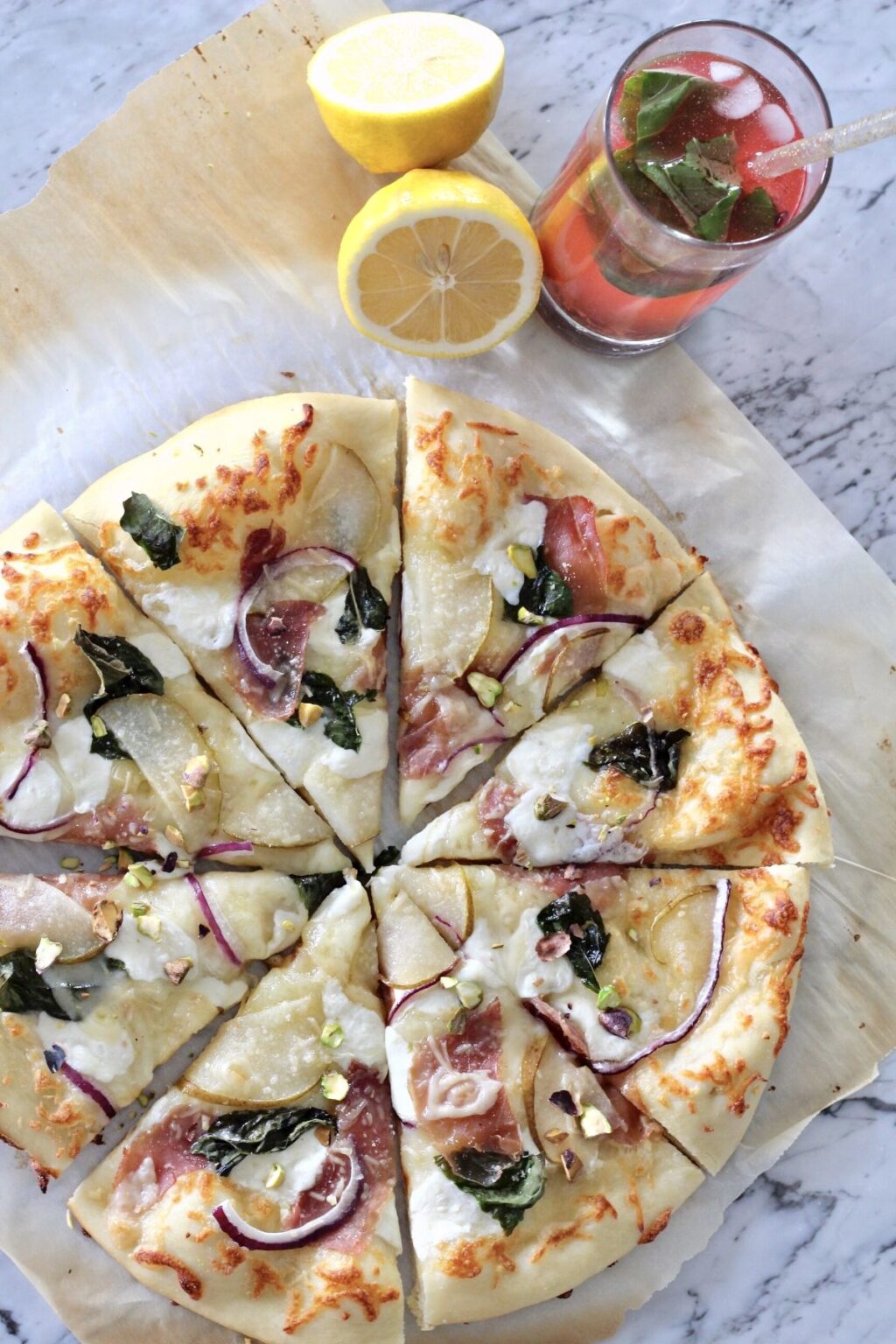 Pera Pizza with Prosciutto and Pistachios - Thyme For The Table
