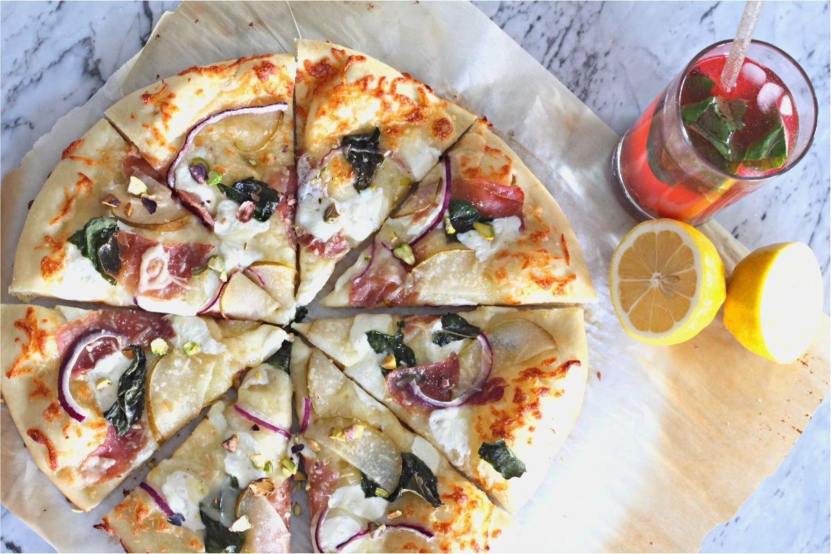 Pera Pizza with Prosciutto and Pistachios - Thyme For The Table