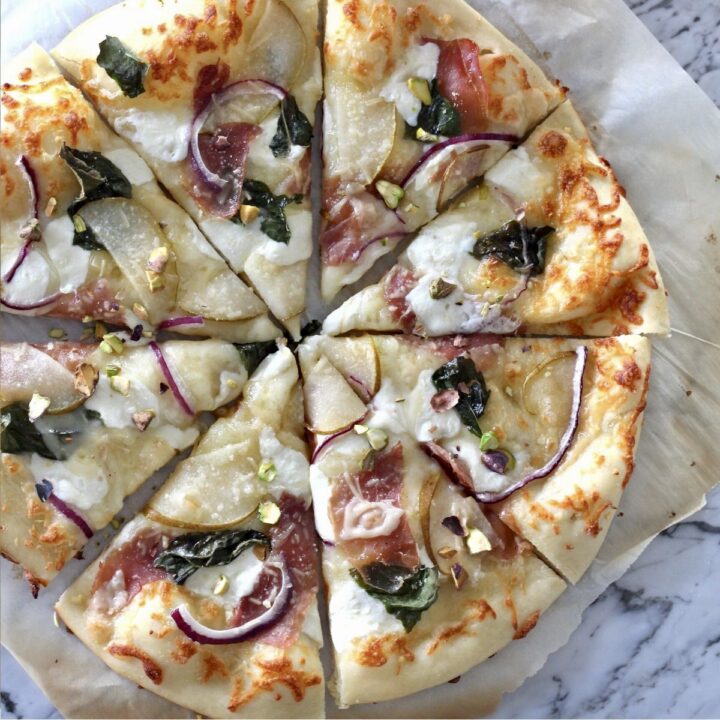 Pera Pizza with Prosciutto and Pistachios - Thyme For The Table